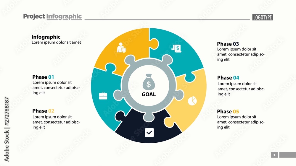 Five elements process chart slide template. Business data. Plan, circle ...