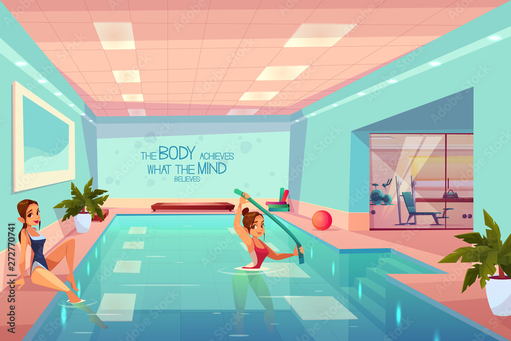 Women in swimming pool relaxing, aqua aerobics exercising. Gym, sport ...