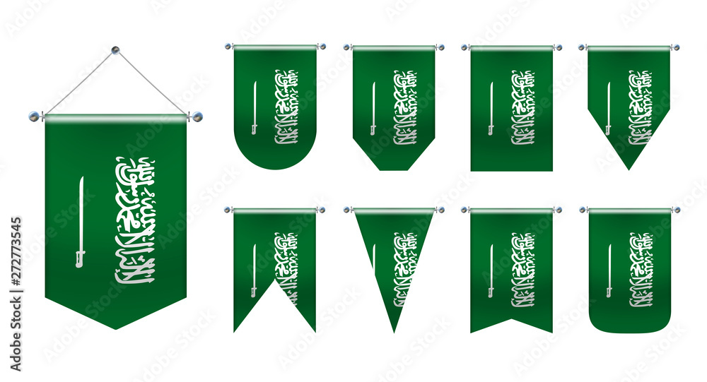 Set of hanging flags of the SAUDI ARABIA. Diversity shapes of the ...