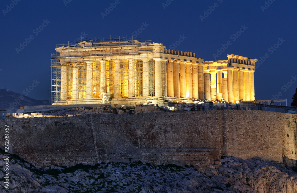 Acropolis hill - Parthenon temple in Athens at night, Greece Stock ...