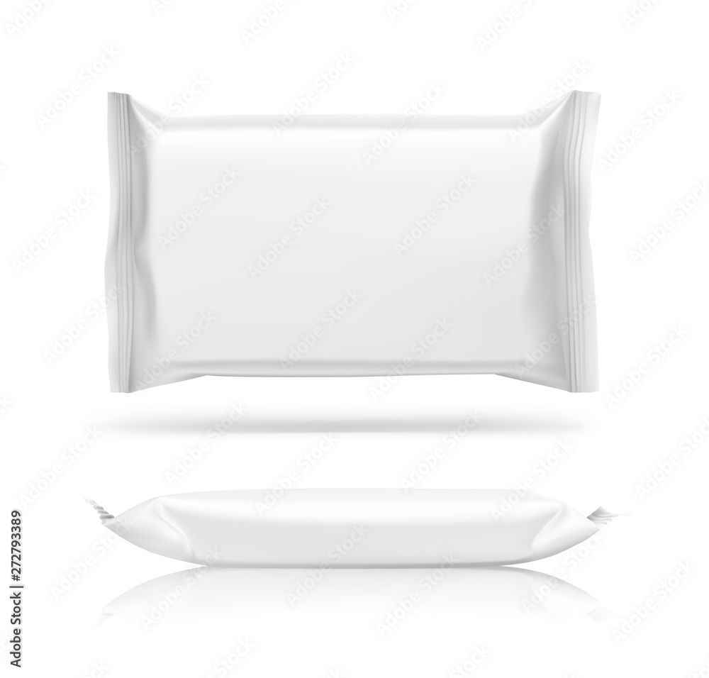 Realistic flow pack mockup. Front and side view. Vector illustration ...