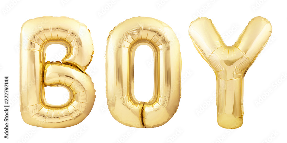 Word BOY made of golden inflatable balloon letters isolated on white ...