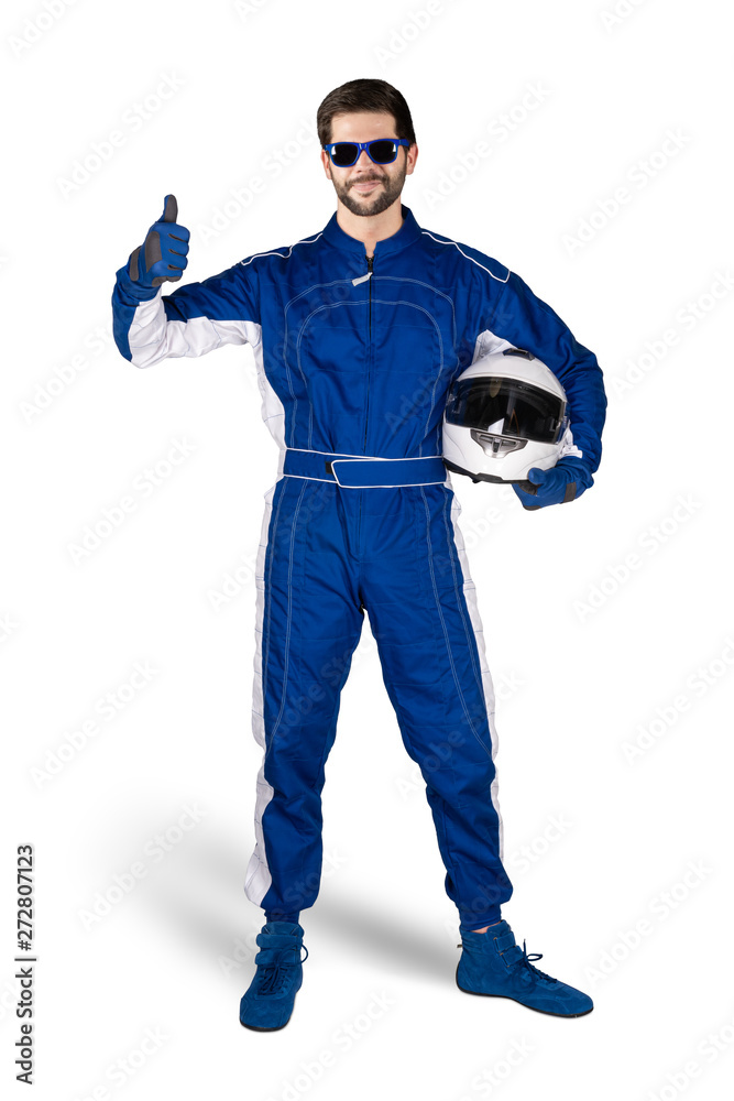 Race driver in blue white motorsport overall shoes gloves and safety ...