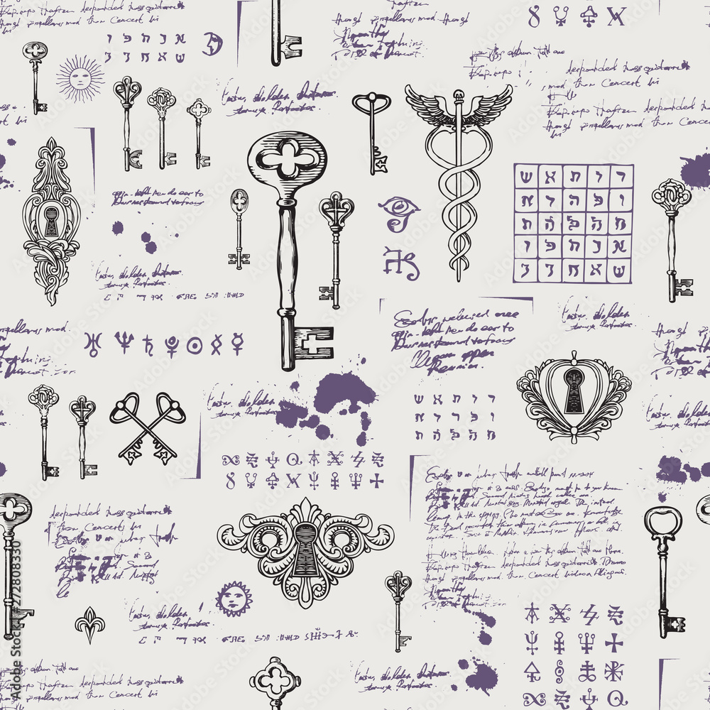 Vector seamless pattern with vintage keys and keyholes. Medieval ...