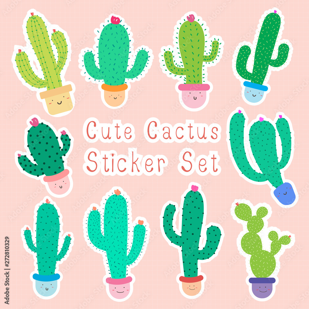 Set of cute cartoon cactus stickers with happy faces in pots, Kawaii ...