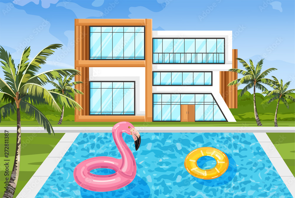 Vetor de Modern house with swimming pool Vector. Architecture facade ...