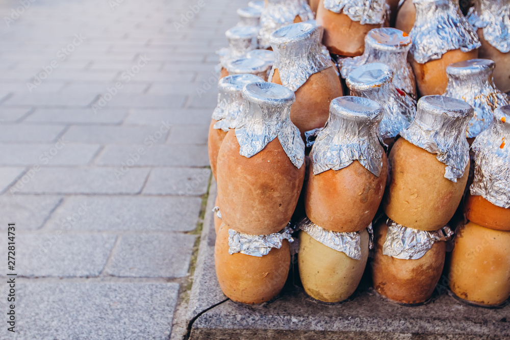Traditional Turkish cuisine. a lot of clay pot for Turkish Testi Kebab ...