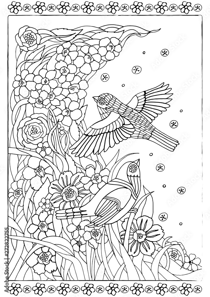 Coloring with bird in colors, zentangle illustration for kids and ...