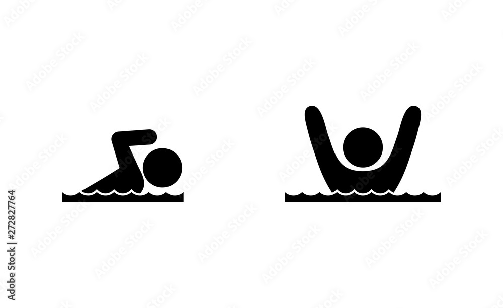 floating man drowning in water, icons, stick figure pictogram people ...