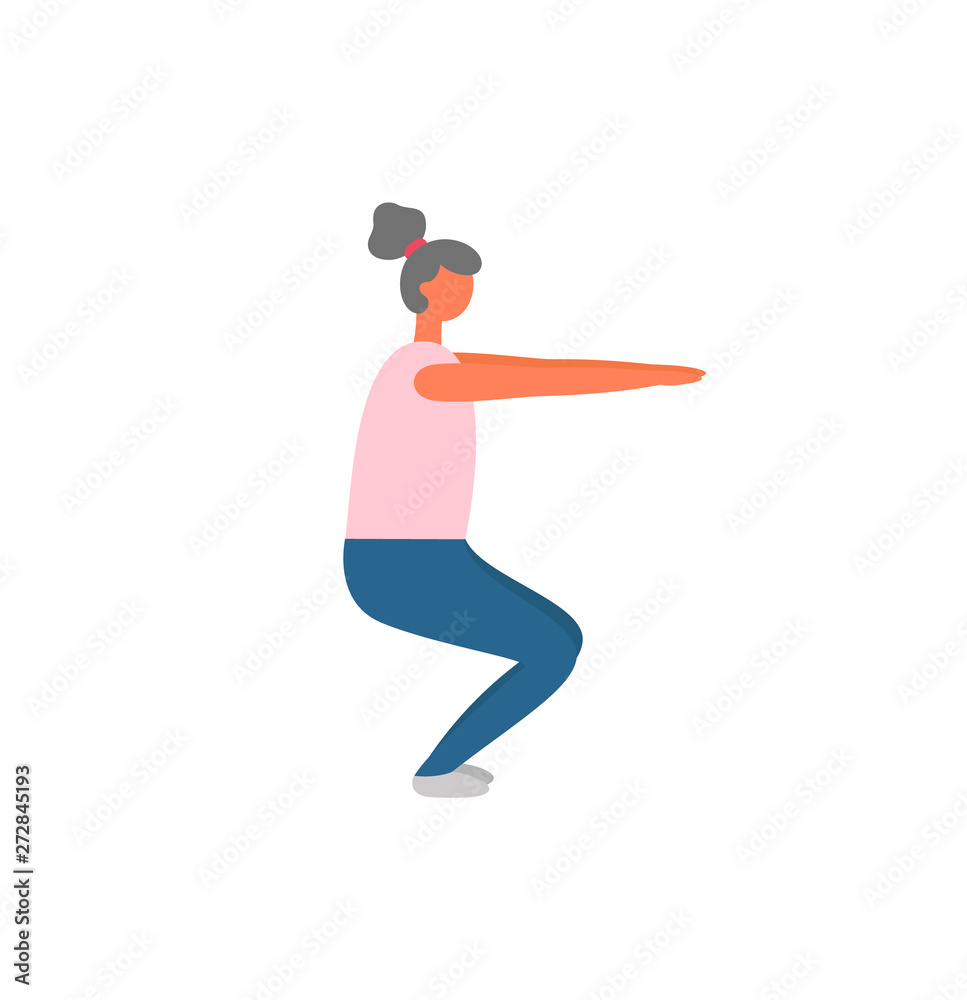 Workout and fitness training, woman doing squats vector. Legs and ...