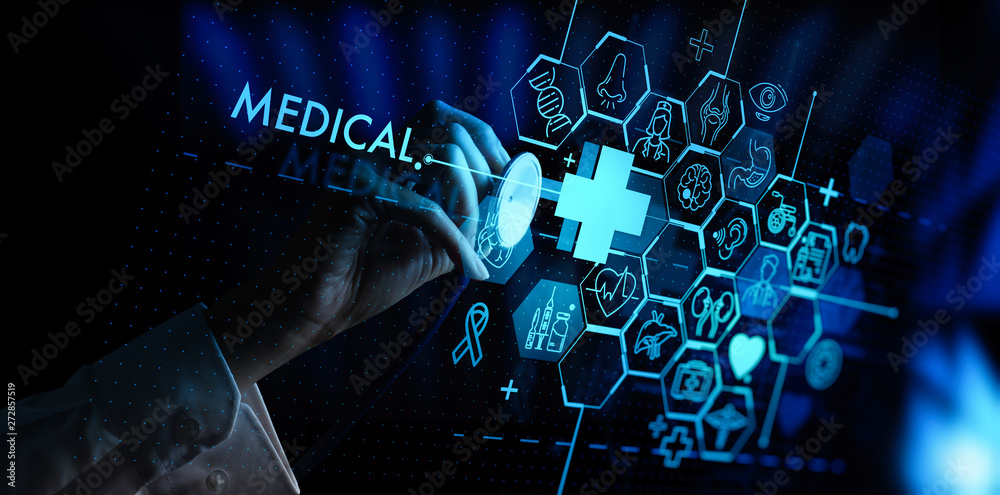 Medicine doctor touching and diagnose electronic medical record of ...