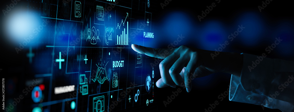 Project manager hand and management skills on computer Ui with icons of ...