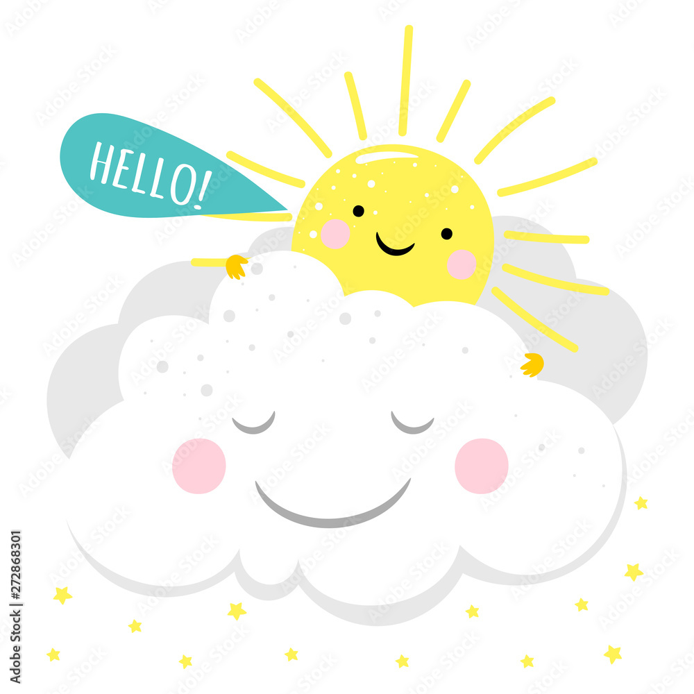Cartoon character cute sun say hello vector printable card Stock Vector ...