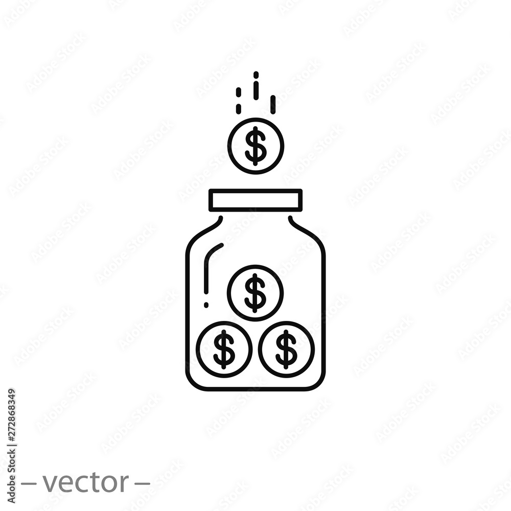 save money icon, coin jar, economy line symbol on white background ...