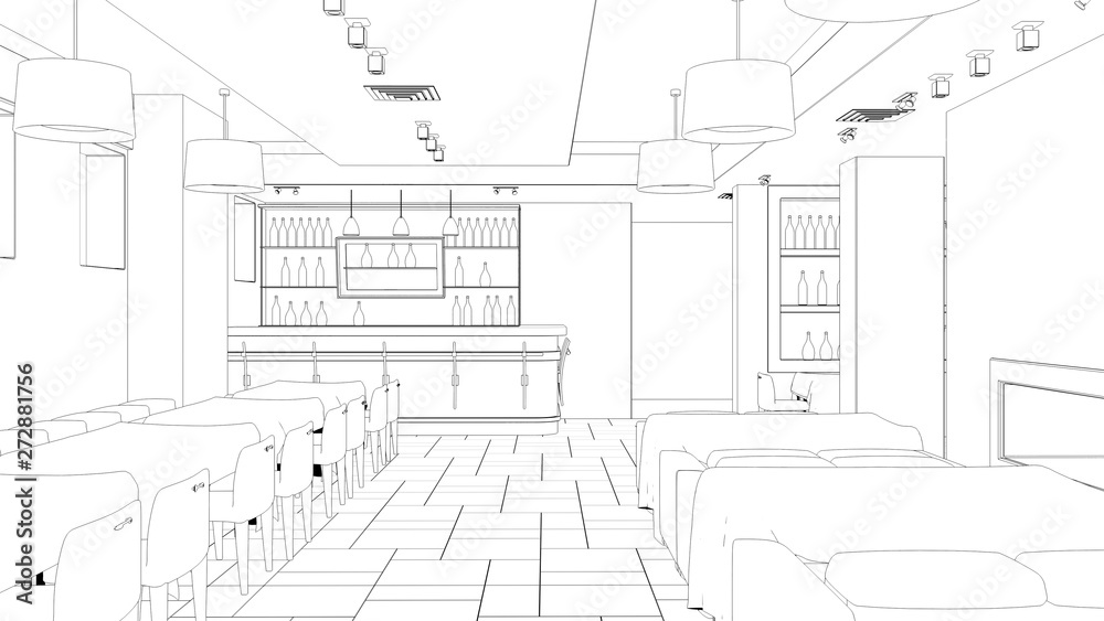 restaurant, 3D illustration, sketch, outline Stock Illustration | Adobe ...