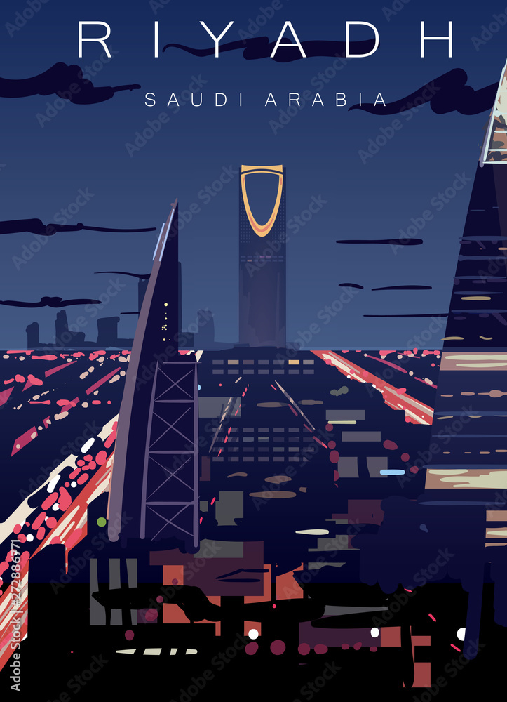 Riyadh night skyline poster. Riyadh city vector illustration. Stock ...