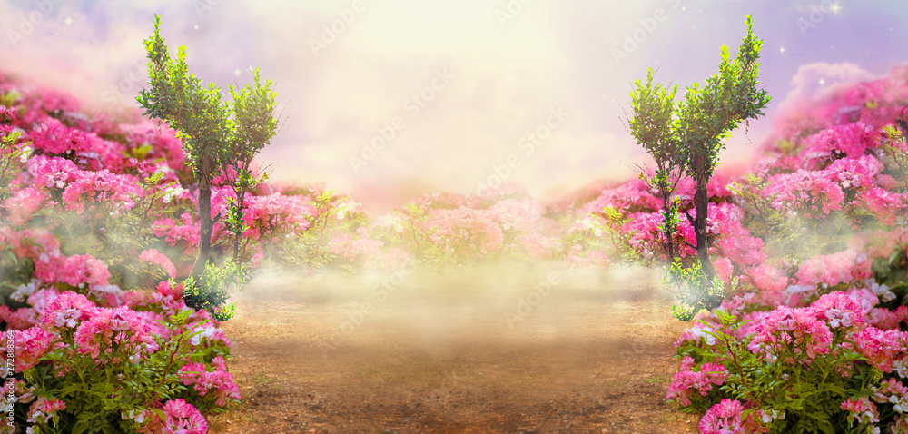 Fantasy summer panoramic photo background with rose field, trees and ...