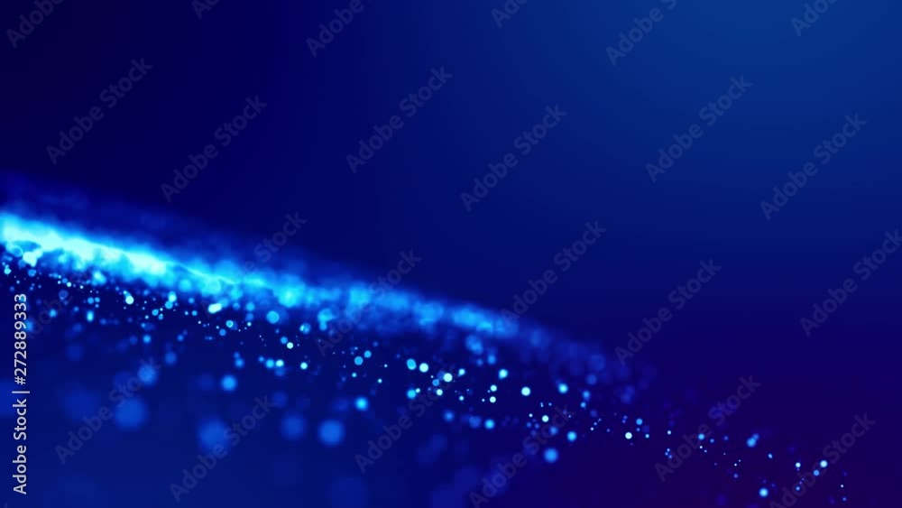 Magic blue glowing particles flow in viscous liquid and bright glisten ...