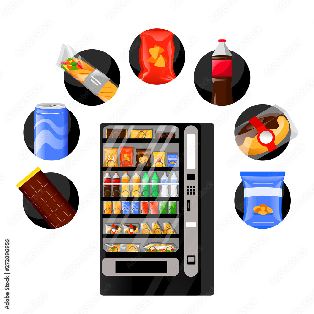 Vending snacks automatic machine and fast food icons. Vector flat ...