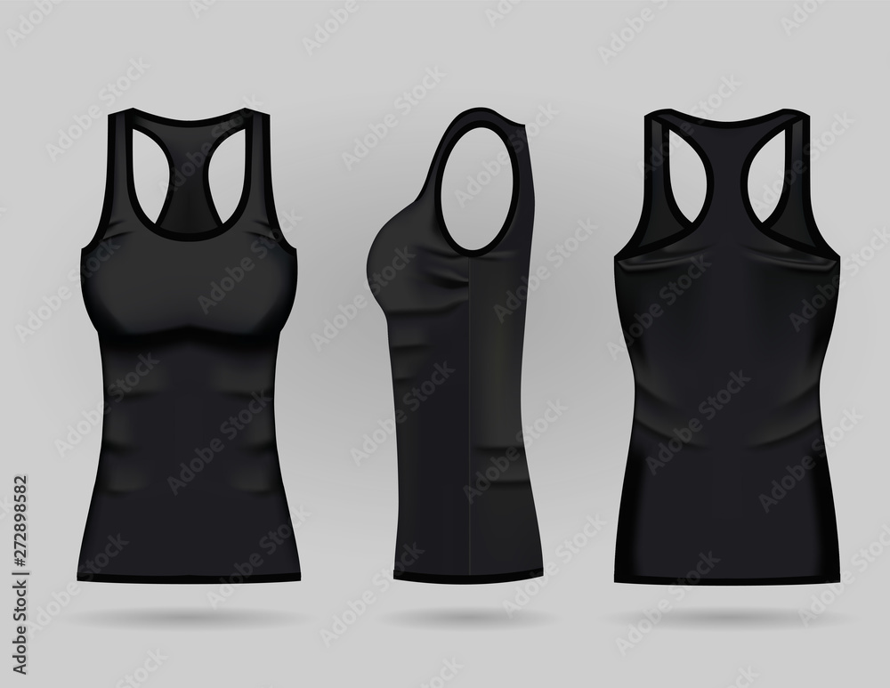 Blank women's black tank top in front, back and side views. Vector ...