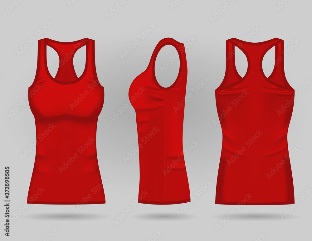Blank women's red tank top in front, back and side views. Vector ...