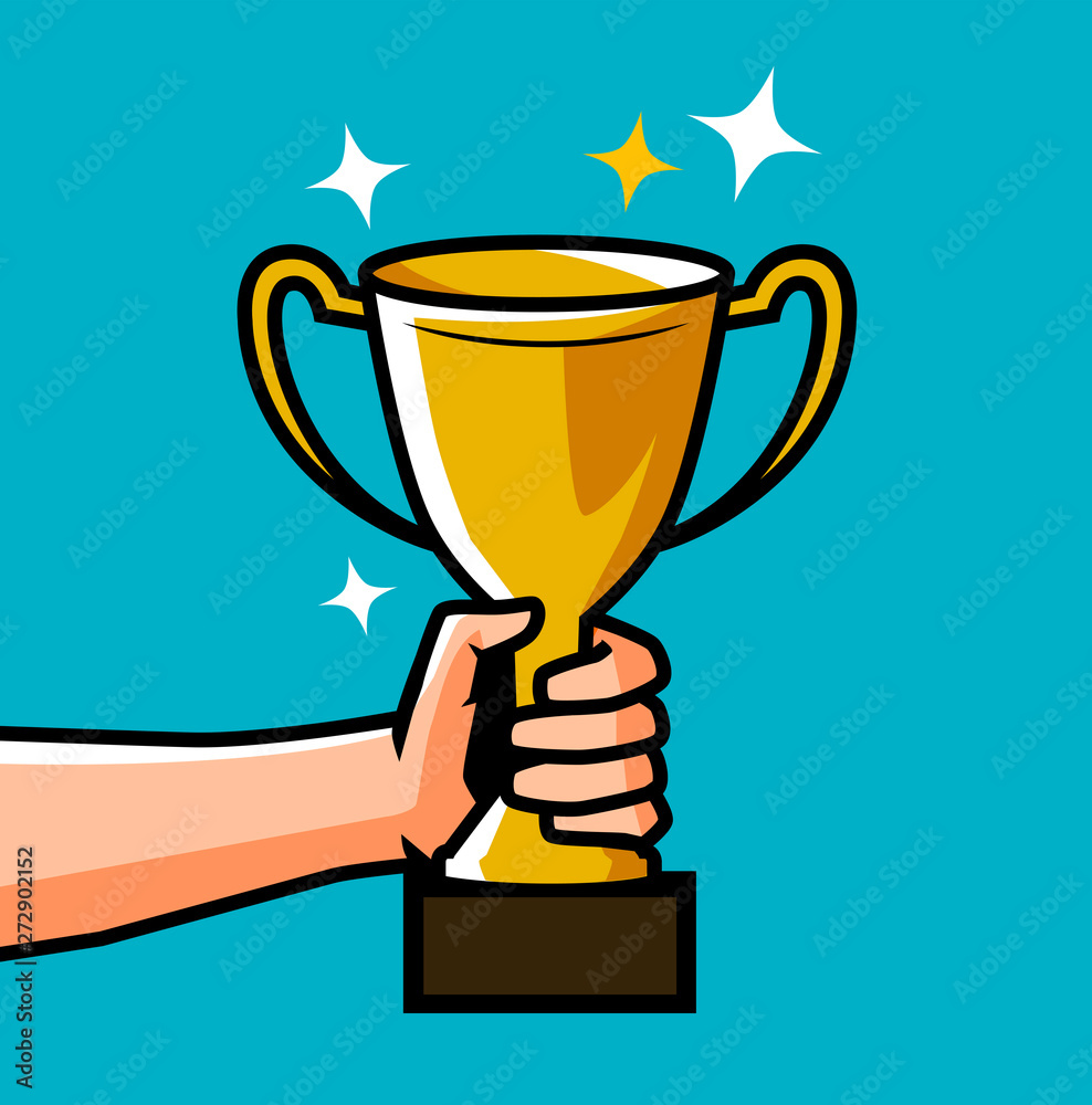 Hand holding winner cup. Cartoon vector illustration Stock Vector ...