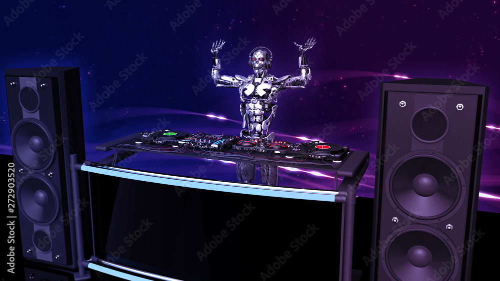 DJ Robot, disc jockey cyborg with hands up playing music on turntables ...