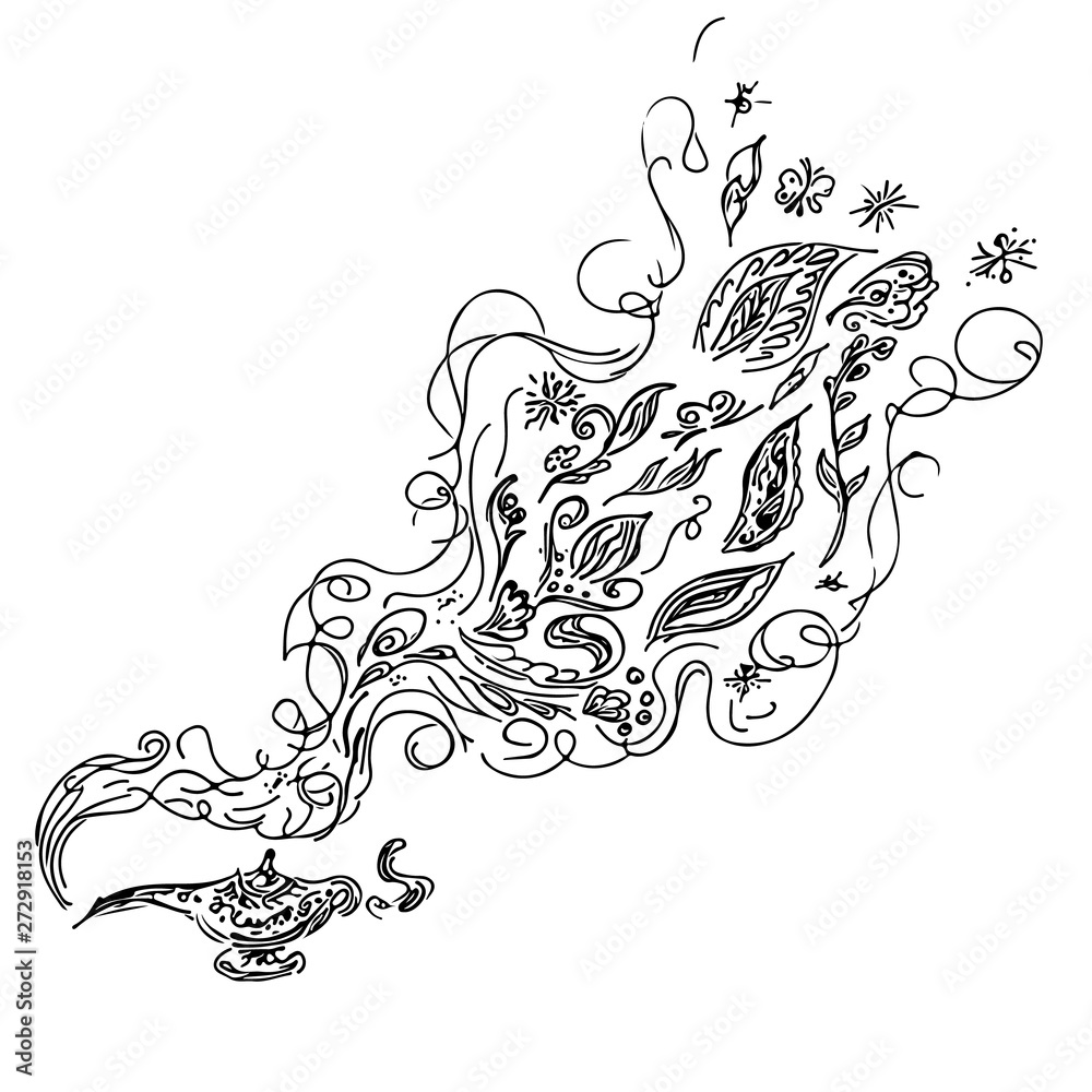 Vector sketch magic genies lamp. Set of floral elements. Magic oil lamp ...