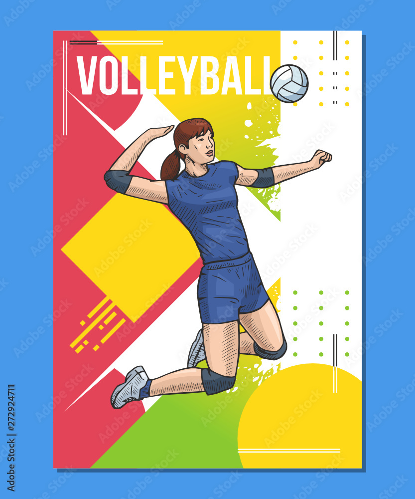 Vector illustration of a female volleyball player jumping. Bright and ...