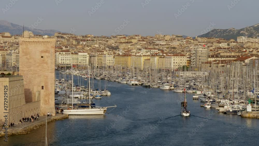 Marseille, France. Panorama of Old Port of Marseille. A tower of Fort ...