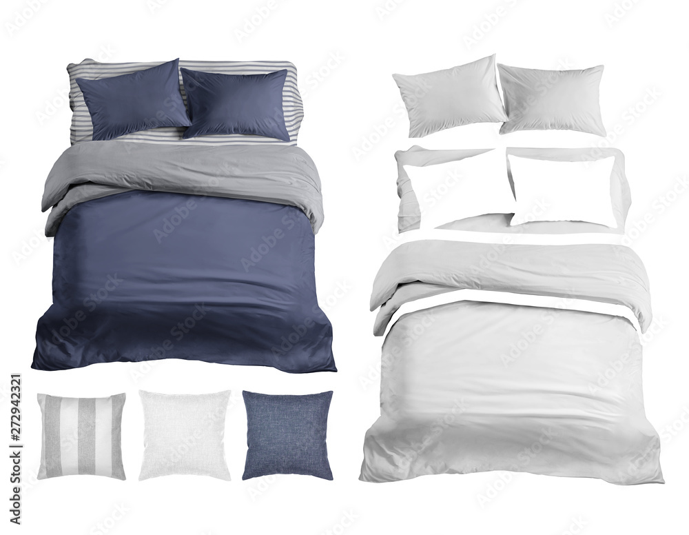 Set of bedding items mockup. Bed linen top view. Stock Photo | Adobe Stock