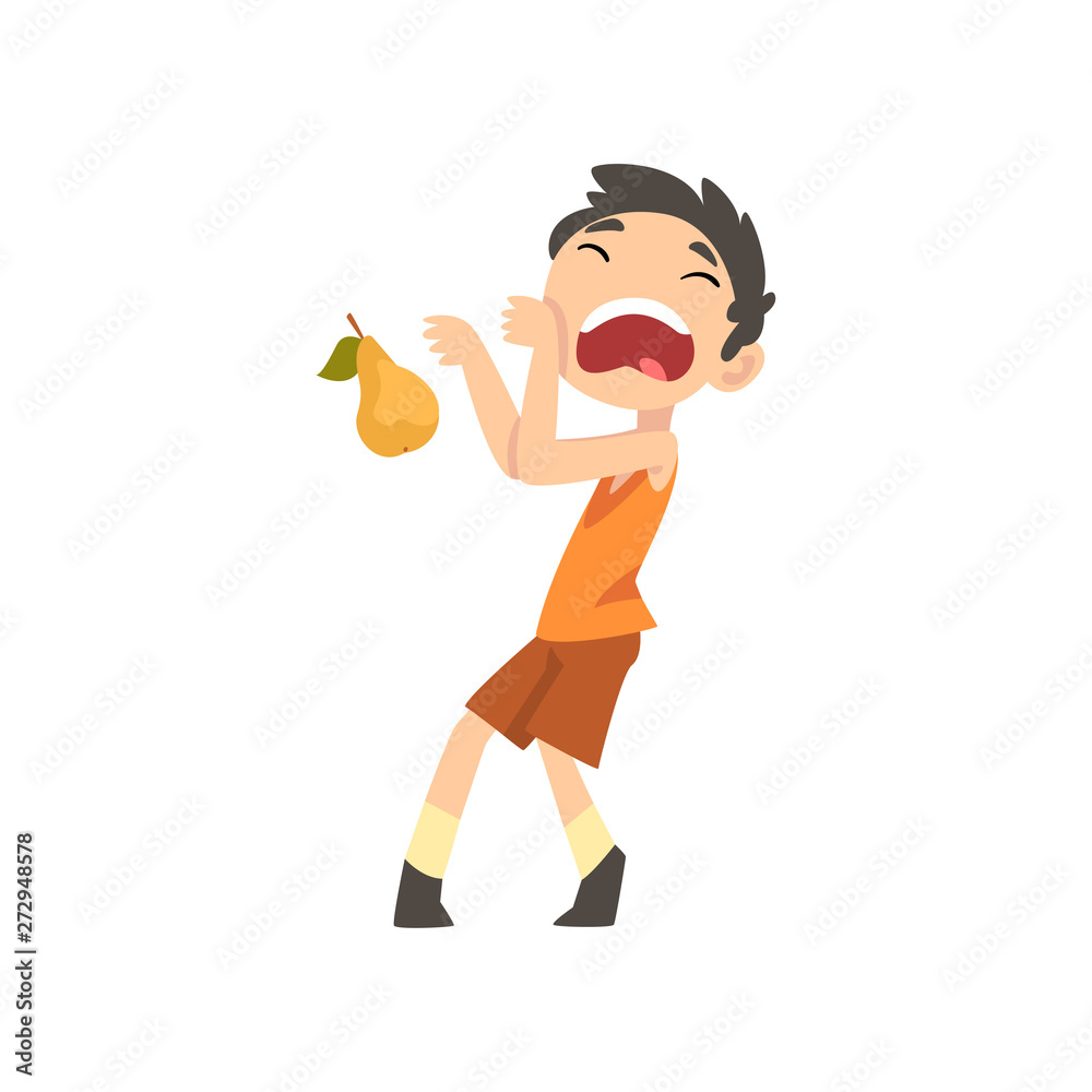 Cute Boy Does Not Want To Eat Pear Child Does Not Like Fruits Vector cute-boy-does-not-want-to-eat-pear-child-does-not-like-fruits-vector