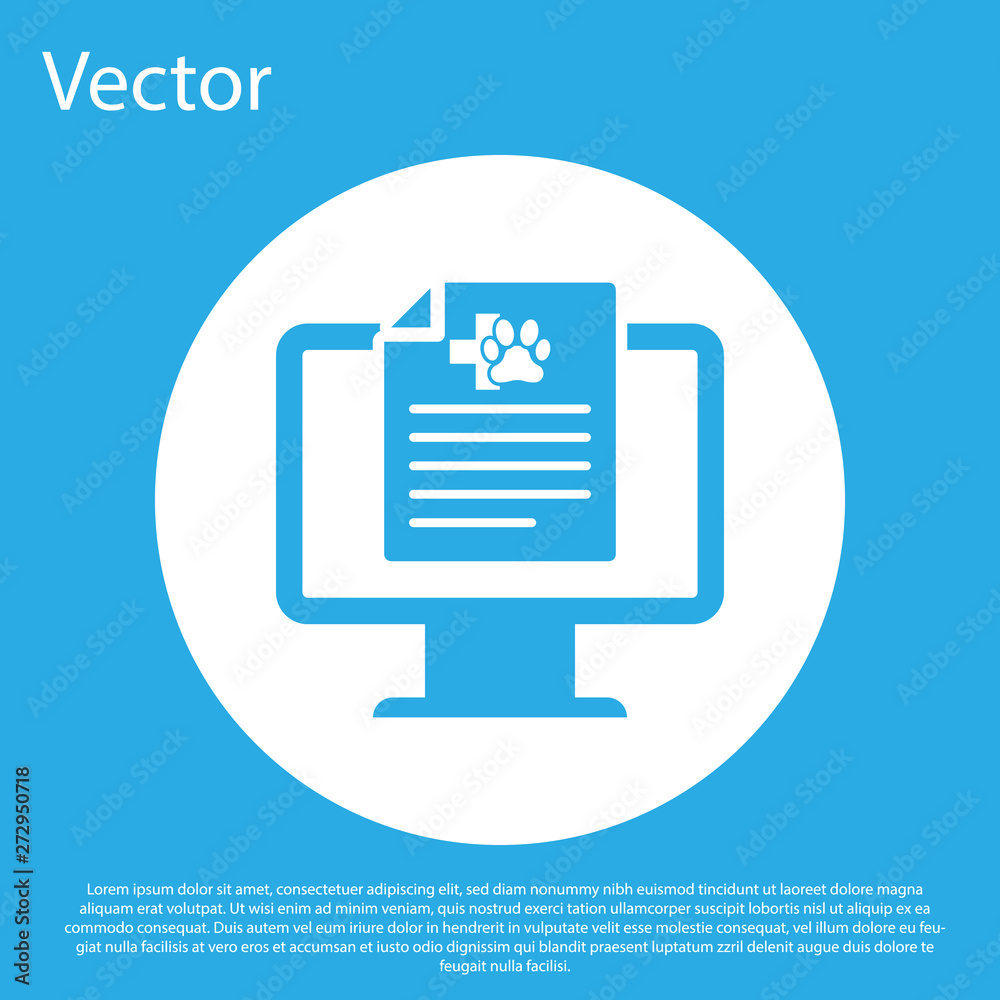 Blue Medical clinical record pet on monitor icon isolated on blue ...
