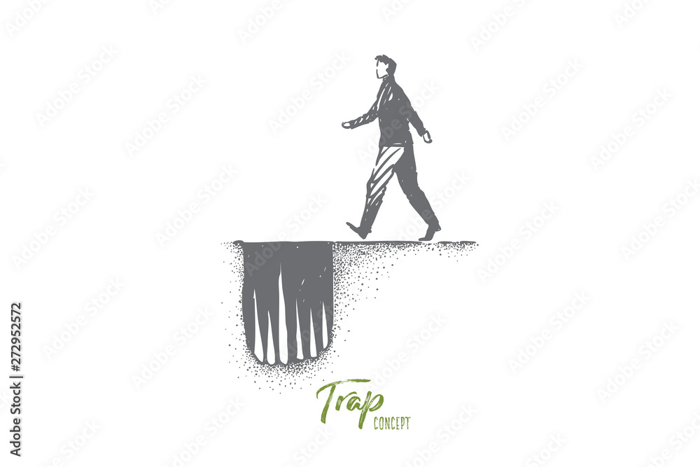 Dangerous path metaphor, man moving to hole trap with sharp spikes ...