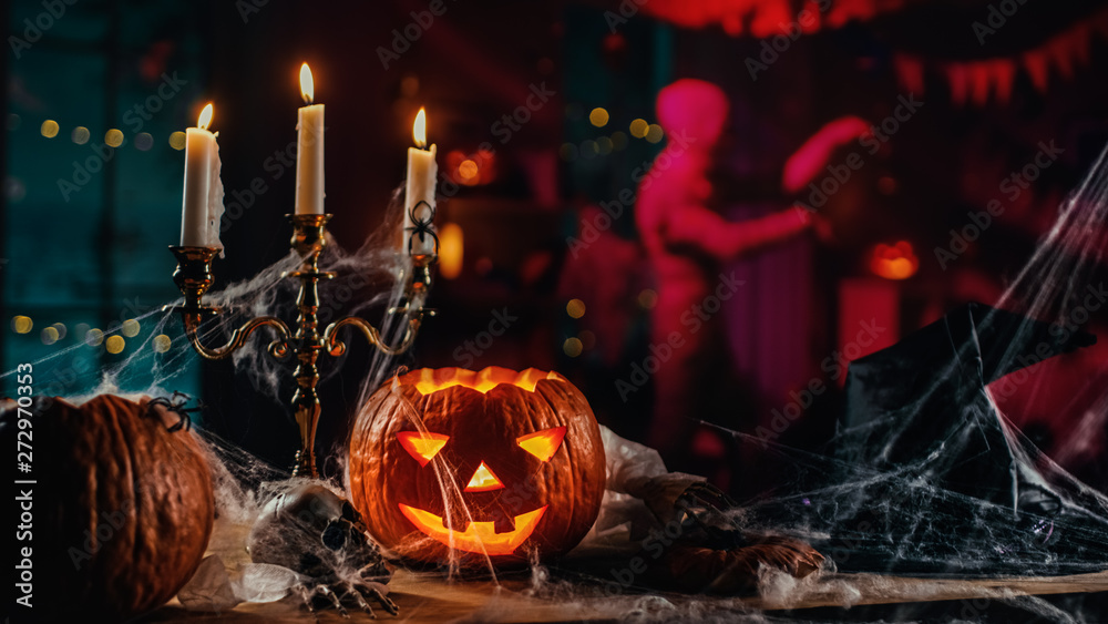 Halloween Still Life Colorful Theme: Scary Decorated Dark Room with ...