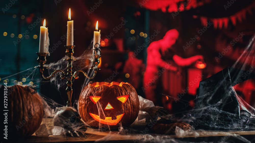 Halloween Still Life Colorful Theme: Scary Decorated Dark Room with ...