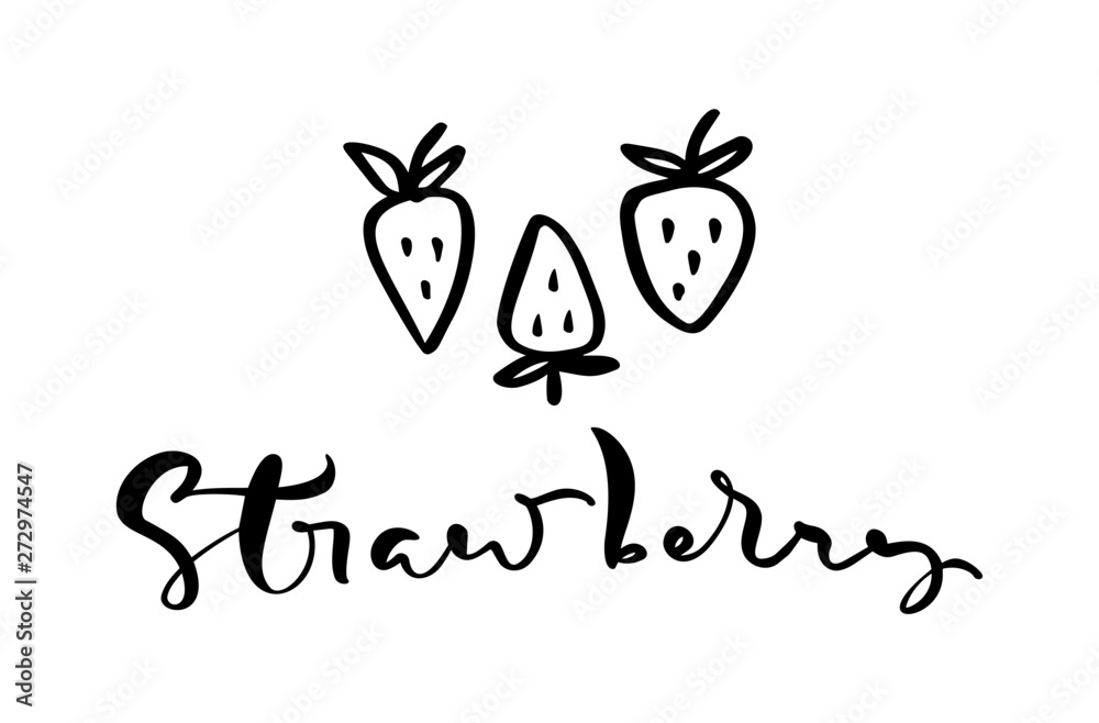 Hand drawn calligraphy text Strawberry and three outline doodle icons ...