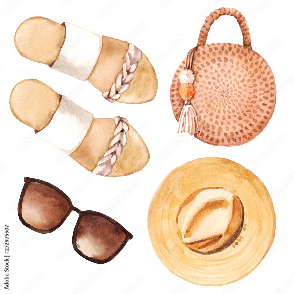 Watercolor hand drawn holiday beach fashion look book illustration set ...