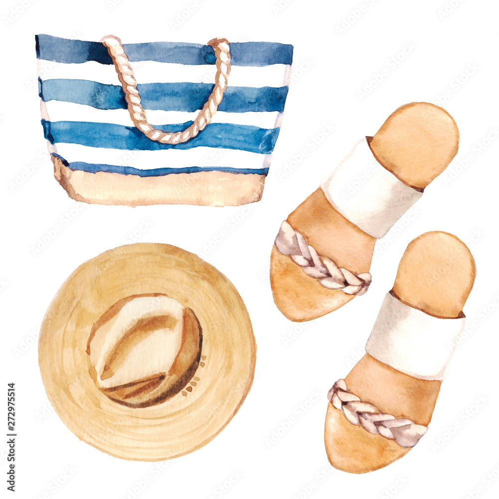 Watercolor hand drawn holiday beach fashion look book illustration set ...