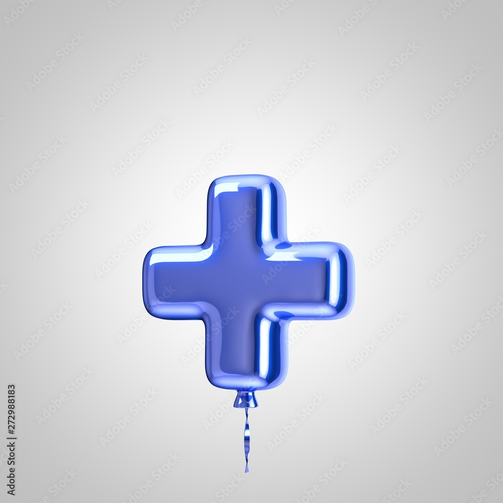 Shiny metallic blue balloon plus symbol isolated on white background ...