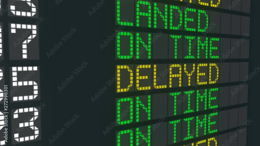Delayed flight airport table sign, international arrivals air schedule ...