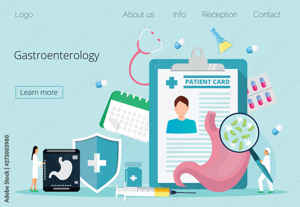 Gastroenterology landing page vector. Flat tiny stomach doctor, medical ...