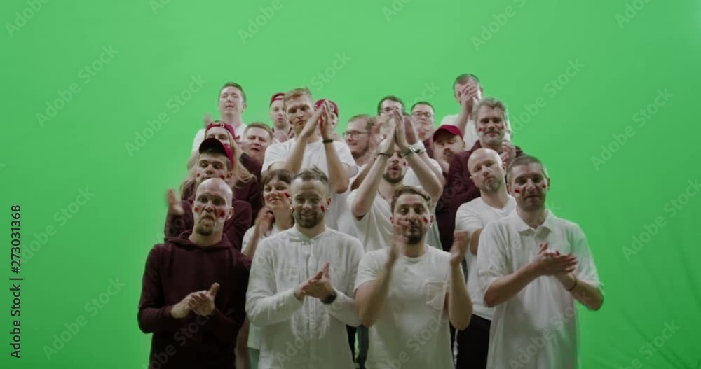 GREEN SCREEN CHROMA KEY Front view group of people fans wearing red ...