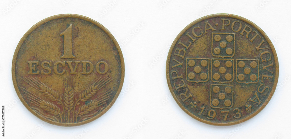 Portuguese 1 Escudo bronze coin 1973 year, Portugal. The coin shows a ...