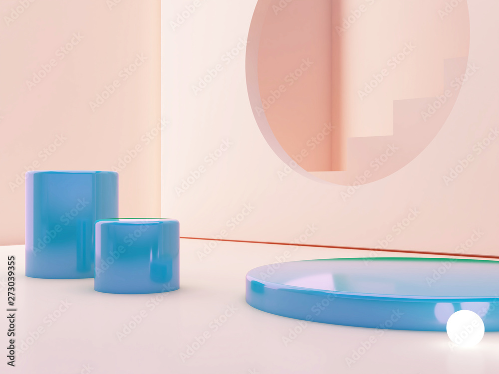 3d render. Minimal scene with podiums to show a product. Pastel colors ...