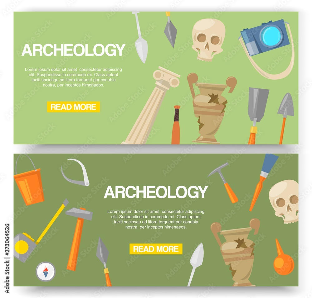 Archaeology set of banners vector illustration. Archaeological tools ...
