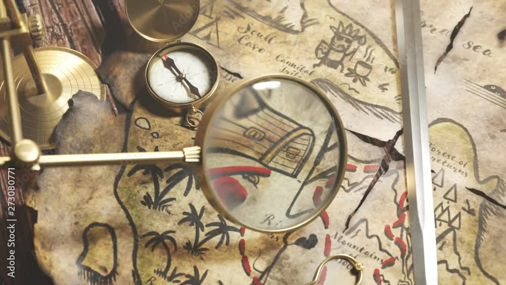 Treasure map with treasure spot marked by x sign seen through a ...