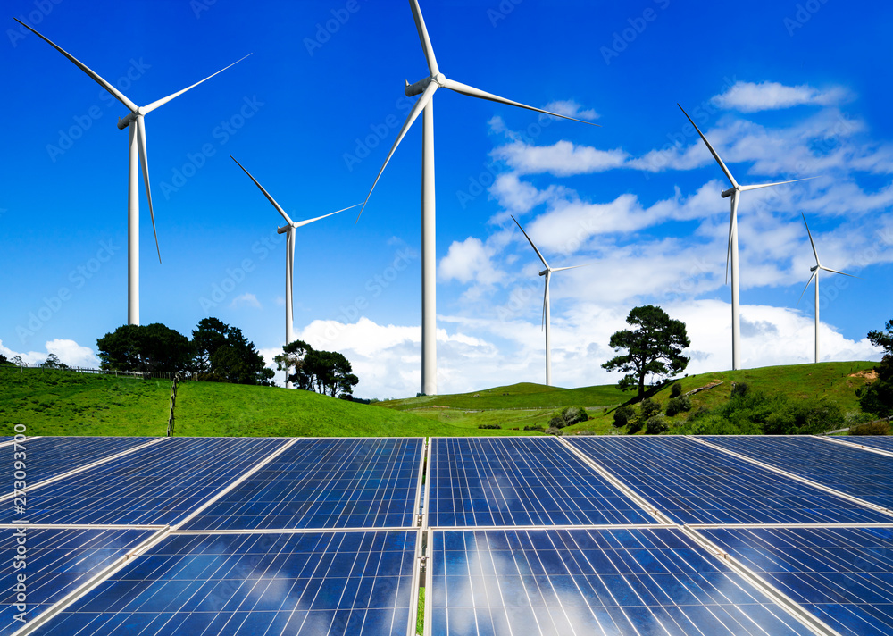Solar energy panel photovoltaic cell and wind turbine farm power ...