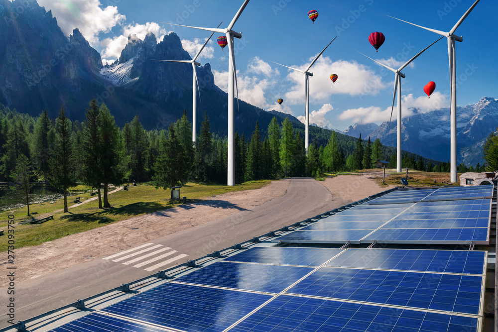 Solar energy panel photovoltaic cell and wind turbine farm power ...