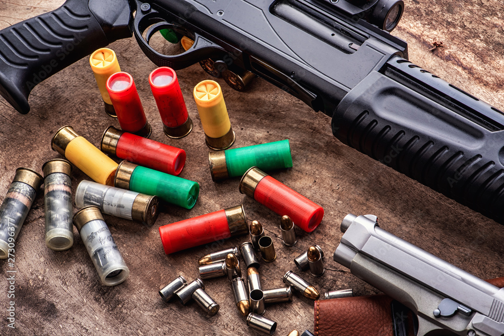 Weapons and military equipment. 9 mm pistol gun bullets and 12 gauge ...